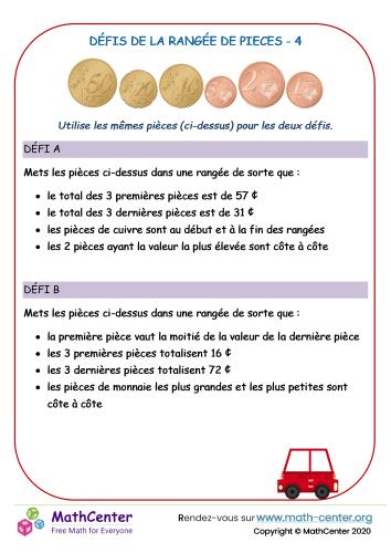 Rangée de pièces d'euros - défis 4 | Fiches de travail | Math Center