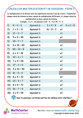 Calculs de multiplication et division fiche 2 | Fiches de travail ...