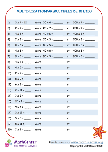 Multiplication par multiples de 10 et 100 | Fiches de travail | Math Center