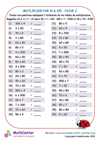 Mutliplier par 10 & 100 fiche 2 | Fiches de travail | Math Center