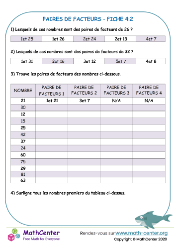CM1 Fiches de travail: Facteurs et multiples | Math Center