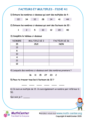 Facteurs et multiples fiche 4:1 | Fiches de travail | Math Center