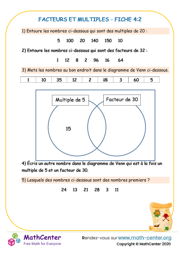 Facteurs et multiples fiche 4:2 | Fiches de travail | Math Center