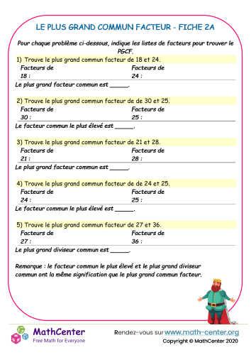 Le plus grand facteur commun fiche 2a | Fiches de travail | Math Center