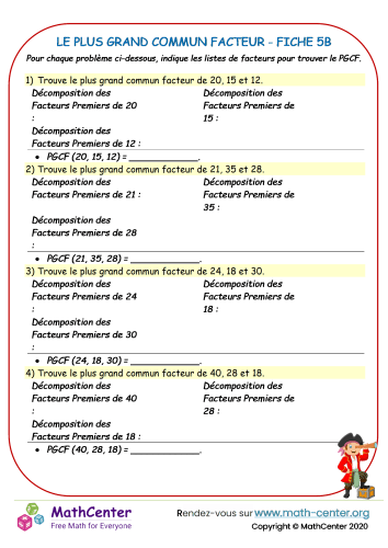 CM2 Fiches de travail: Facteurs et multiples | Math Center