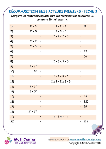 Factorisation de nombres premiers - fiche 3 | Fiches de travail | Math ...