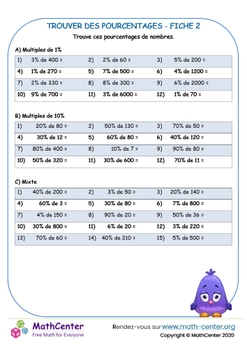 Trouver des pourcentages fiche 2 | Fiches de travail | Math Center