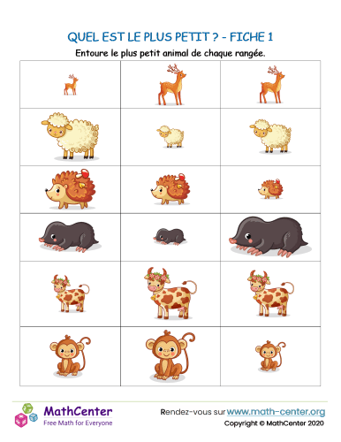 Quel est le plus petit ? fiche 1 | Fiches de travail | Math Center