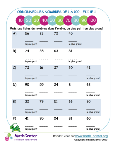 Ordonner les nombres 1 à 100 fiche 1 | Fiches de travail | Math Center