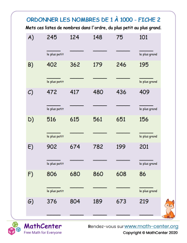 Ordonner les nombres 1 à 1000 fiche 2 | Fiches de travail | Math Center