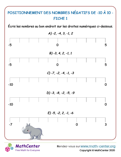 Positionnement des nombres négatifs -10 à 10 feuille 1 | Fiches de ...
