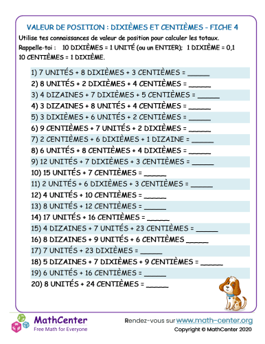 Valeur de position - dixièmes et centaines fiche 4 | Fiches de travail ...