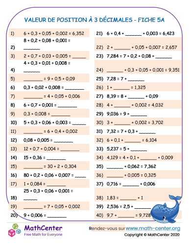 Valeur de position à 3 décimales près fiche 5a | Fiches de travail ...