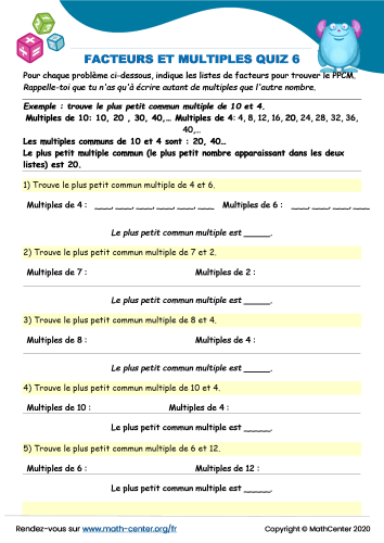 Facteurs et multiples quiz 6 | Quiz | Math Center