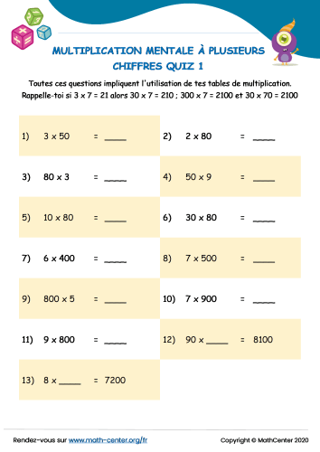 Multiplication mentale à plusieurs chiffres | Quiz | Math Center