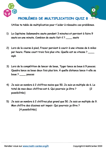Problèmes de multiplication quiz 8 | Quiz | Math Center