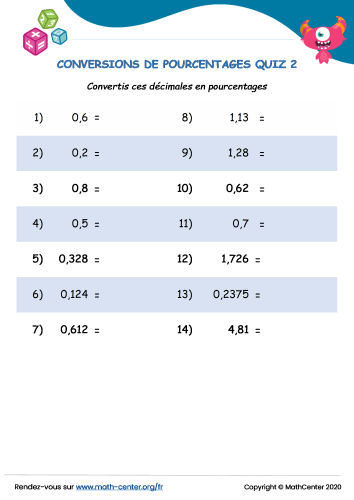 Conversions de pourcentages quiz 2 | Quiz | Math Center