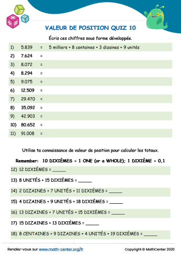 Valeur de position quiz 10 | Quiz | Math Center