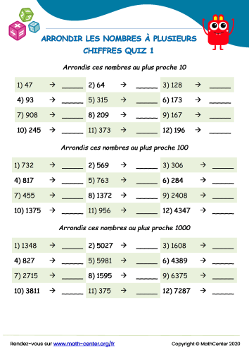 Arrondir les nombres à plusieurs chiffres quiz 1 | Quiz | Math Center