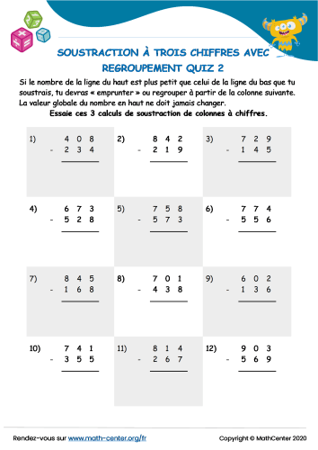 Soustraction à trois chiffres avec regroupement quiz 2 | Quiz | Math Center