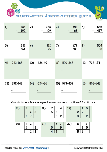 CE2 Quiz: Soustraction à trois chiffres | Math Center
