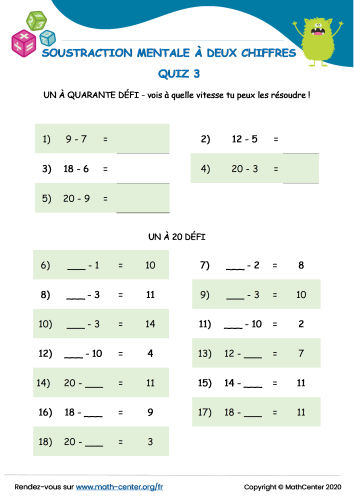 CP Quiz: Soustraction mentale à deux chiffres | Math Center