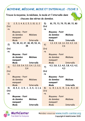 Moyenne, médiane, mode et intervalle fiche 3 | Fiches de travail | Math ...