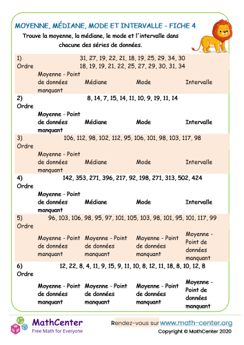 Moyenne, médiane, mode et intervalle fiche 4 | Fiches de travail | Math ...