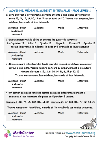 Moyenne, médiane, mode et intervalle problèmes 1 | Fiches de travail ...