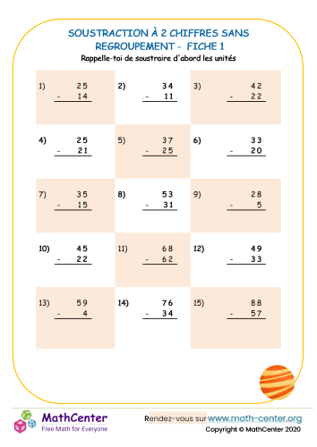 2 chiffre - soustraction sans regroupement - fiche 1 | Fiches de ...