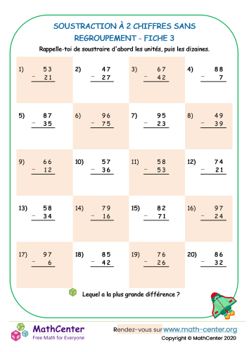 CE1 Fiches de travail: Soustraction à deux chiffres sans regroupement ...