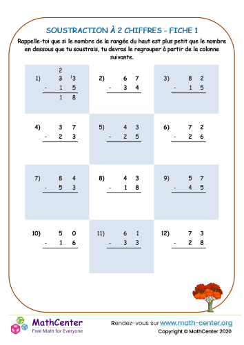 CE1 Fiches de travail: Soustraction à deux chiffres avec regroupement ...