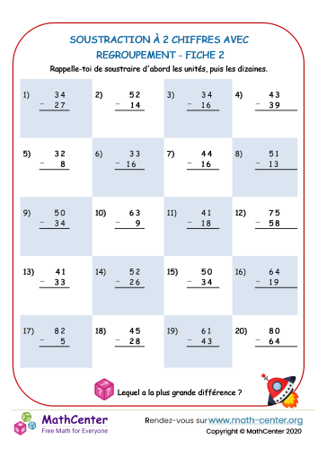 2 chiffre - soustraction avec regroupement - fiche 2 | Fiches de ...