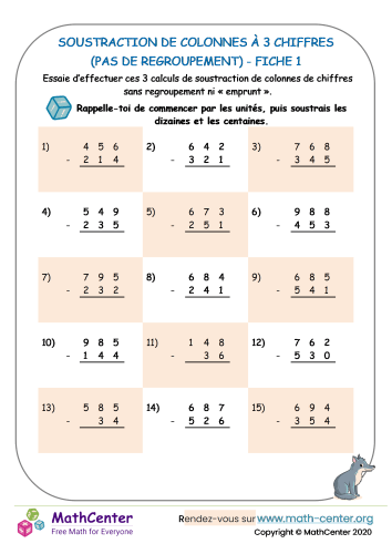CE2 Fiches de travail: Soustraction à trois chiffres sans regroupement ...