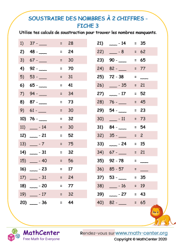 Soustraire des nombres à 2 chiffres fiche 3 | Fiches de travail | Math ...
