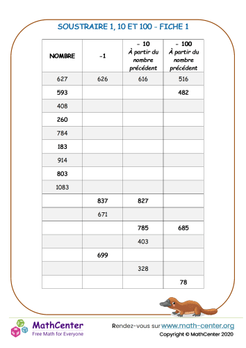 Soustraire 1, 10 et 100 fiche 1 | Fiches de travail | Math Center