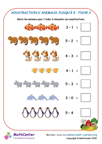 Soustraction d'animaux jusqu'à 5 - fiche 2 | Fiches de travail | Math ...
