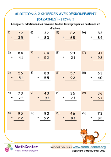 Addition à 2 chiffres avec regroupement (dizaines) - fiche 1 | Fiches ...