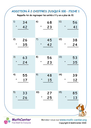 Addition à 2 chiffres jusqu'à 100 - fiche 1 | Fiches de travail | Math ...