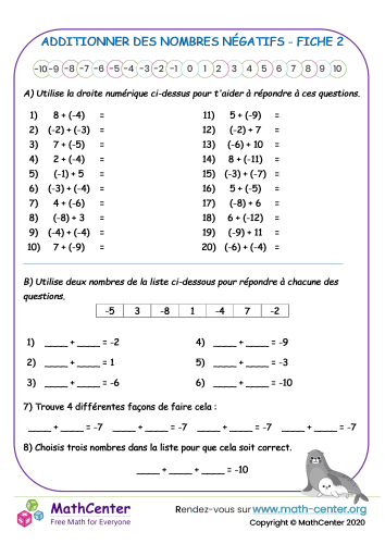 Additionner des nombres négatifs fiche 2 | Fiches de travail | Math Center