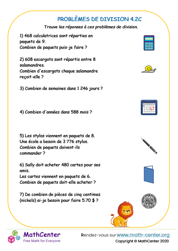 Problèmes de division fiche 4. 2c | Fiches de travail | Math Center