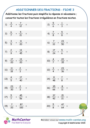 Additionner des fractions - fiche 3 | Fiches de travail | Math Center