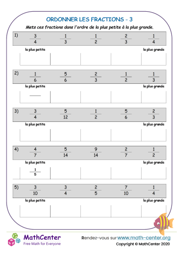 CM1 Fiches de travail: Comparer des fractions | Math Center