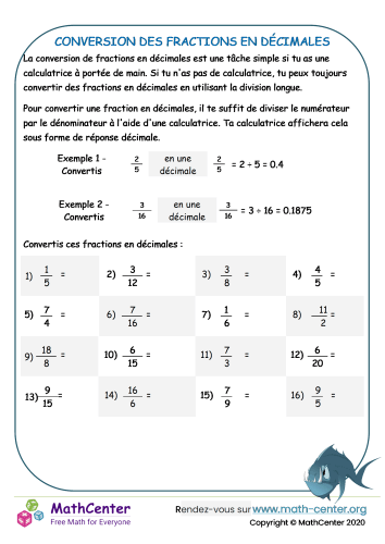 Conversion des fractions en décimales fiche de travail | Fiches de ...
