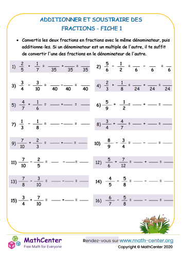 Additionner et soustraire des fractions fiche 1a | Fiches de travail ...