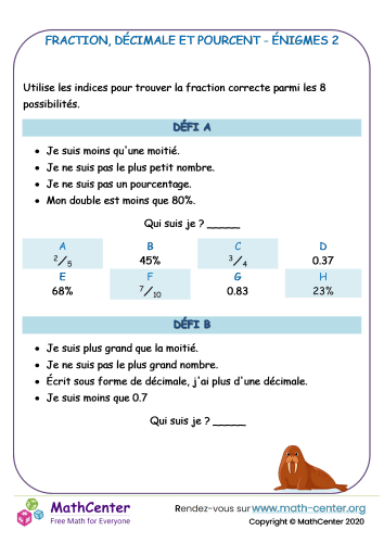 Fraction décimale pourcent énigmes 2 | Fiches de travail | Math Center