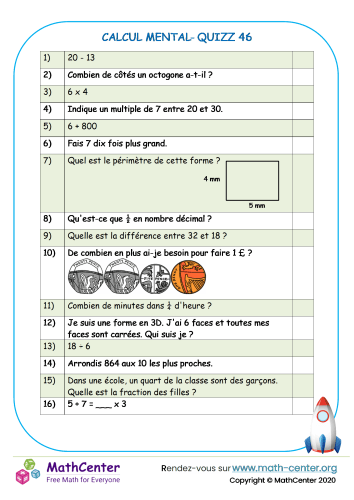 Calcul mental - quiz 4:6 | Fiches de travail | Math Center