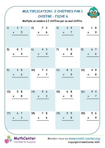 Multiplication : 2 chiffres par 1 chiffre fiche 6 | Fiches de travail | Math Center