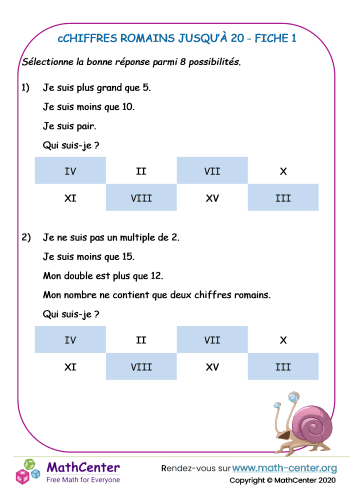 Chiffres romains à 20 fiche 1 | Fiches de travail | Math Center