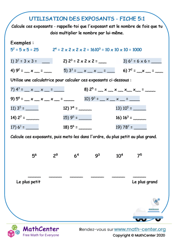 Utilisation des exposants fiche 5:1 | Fiches de travail | Math Center